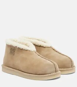 Miu Miu Shearling-lined Suede Ankle Boots - Beige