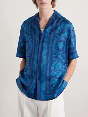 Versace Camp-collar Printed Silk-twill Shirt - Blue
