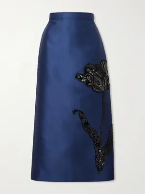 Erdem Satin Midi Skirt With Sequined Embroidery - Blue