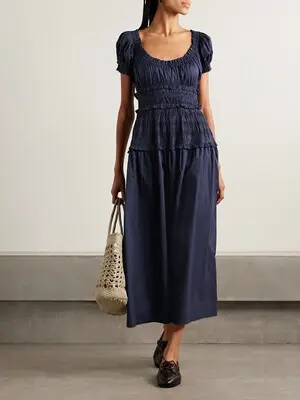 DÔEN Leanne Shirred Gingham Organic Cotton-voile Midi Dress - Blue
