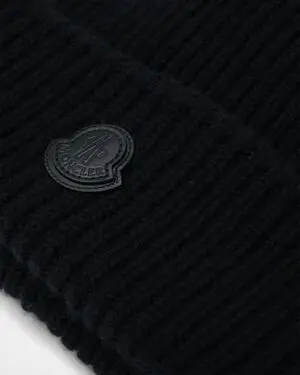 Moncler Cashmere Beanie Hat With Leather Logo - Black