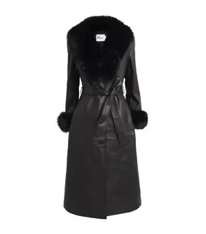SELF-PORTRAIT Leather Faux Fur-trim Long Coat
