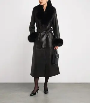 SELF-PORTRAIT Leather Faux Fur-trim Long Coat