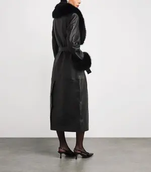 SELF-PORTRAIT Leather Faux Fur-trim Long Coat