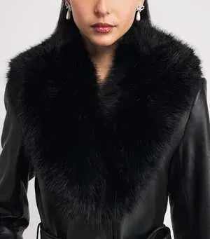 SELF-PORTRAIT Leather Faux Fur-trim Long Coat