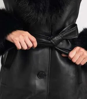 SELF-PORTRAIT Leather Faux Fur-trim Long Coat
