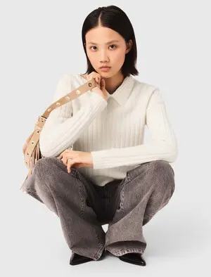 Maje Wool Ribbed Sweater With Pearl Collar