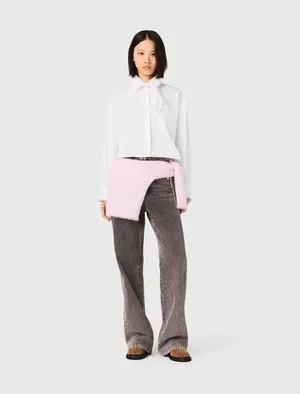 Maje Cropped Cotton Poplin Shirt With Crochet Collar And Tie Neck