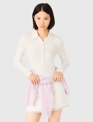 Maje Ribbed Knit Polo Sweater With Silk Blend - Ecru
