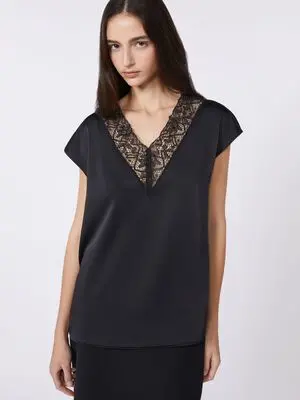 Max Mara Satin Top With Lace Trim - Black