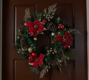 HOME REFLECTIONS As Is 24' Lit Poinsettia Ornament Wreath - One-color