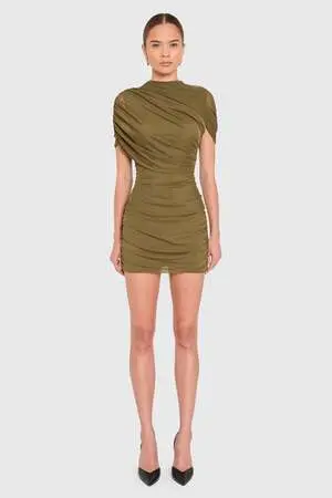 Amanda Uprichard Evianna Ruched Mock Neck Mini Dress - Olive