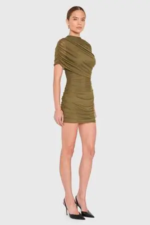 Amanda Uprichard Evianna Ruched Mock Neck Mini Dress - Olive