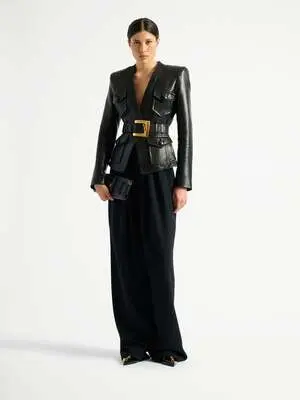 Balmain Belted Lambskin Leather Jacket - Black