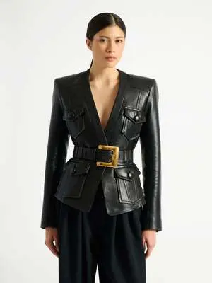 Balmain Belted Lambskin Leather Jacket