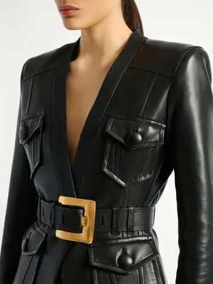 Balmain Belted Lambskin Leather Jacket