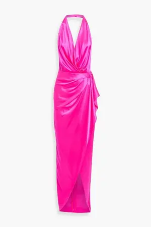Michelle Mason Draped Silksatin Halterneck Gown - Bright Pink