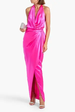 Michelle Mason Draped Silksatin Halterneck Gown - Bright Pink