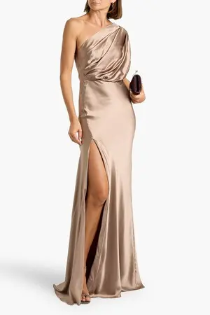 Michelle Mason One-shoulder Open-back Silk-satin Gown - Taupe