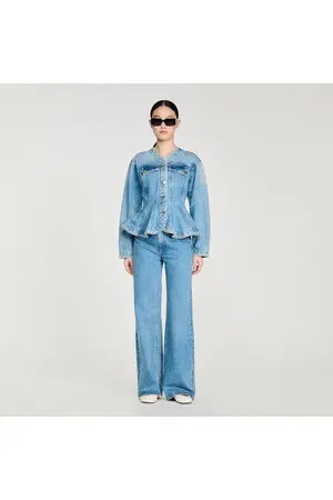 Sandro Beaded Denim Peplum Jacket - Blue