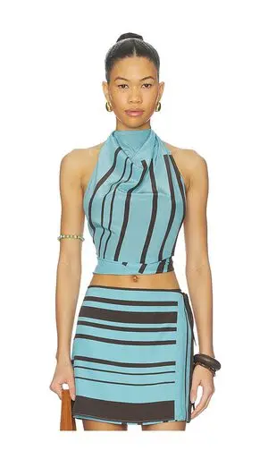 Sir The Label Rioja Halter Scarf Top In Blue - Pacha Mineral Stripe