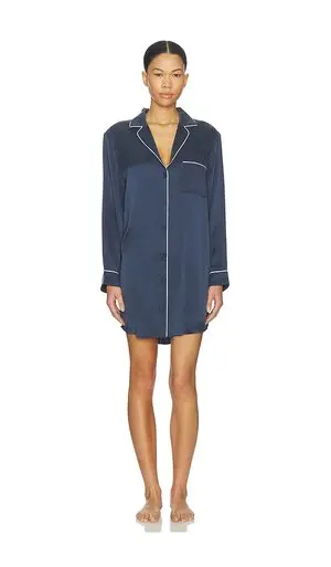 Lunya Washable Silk Piped Sleep Shirt Dress In Navy - Deep Blue & Tranquil White