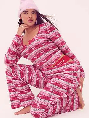 Pink X Loveshackfancy Waﬄe Long Pajama Set - Print