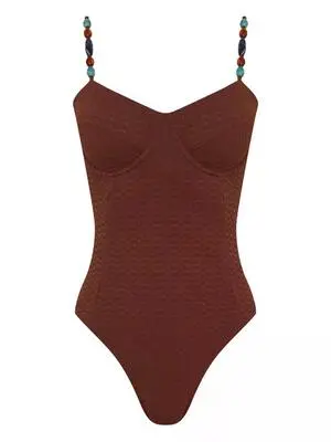 BRIGITTE Textured One-piece Swimsuit With Beaded Straps - Brown
