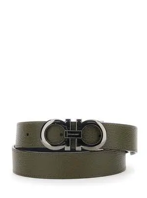 FERRAGAMO Reversible Grained Leather Belt With Gancini Buckle - Green