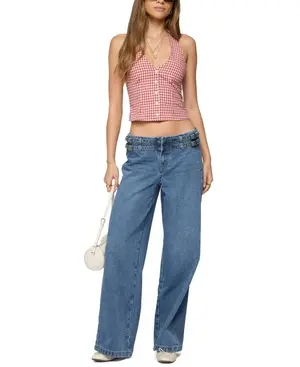 EDIKTED Livia Double Belt Baggy Jeans - Blue Washed