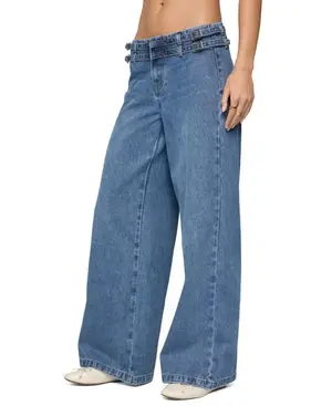 EDIKTED Livia Double Belt Baggy Jeans - Blue Washed