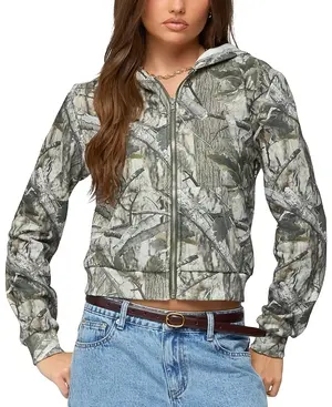 EDIKTED Camo Zip Up Hoodie