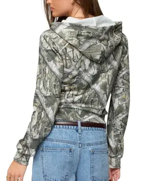 EDIKTED Camo Zip Up Hoodie