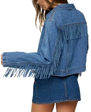 EDIKTED Fringed Denim Jacket - Blue Washed