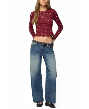 EDIKTED Daliya Polka Dot Long Sleeve Top - Burgundy