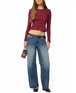 EDIKTED Daliya Polka Dot Long Sleeve Top - Burgundy