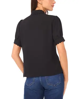 CECE DUPRAZ Puffed Sleeve Scalloped Edge Blouse - Rich Black