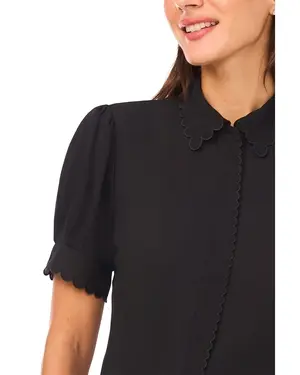 CECE DUPRAZ Puffed Sleeve Scalloped Edge Blouse - Rich Black