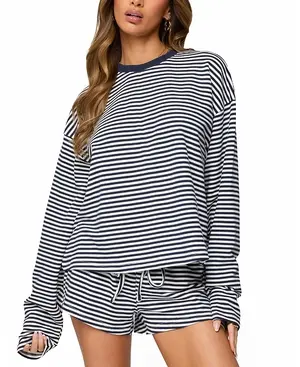 EDIKTED Jainee Striped Long Sleeve T-shirt - Navy