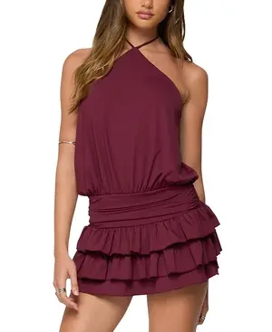 EDIKTED Fontella Ruffled Halter Neck Romper - Burgundy