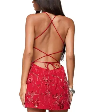 EDIKTED Annalee Backless Beaded Chiffon Mini Dress