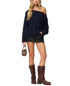 EDIKTED Nellie Off Shoulder Cable Knit Sweater - Navy