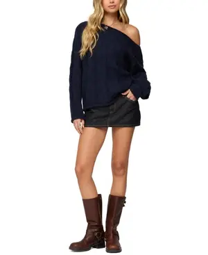 EDIKTED Nellie Off Shoulder Cable Knit Sweater - Navy