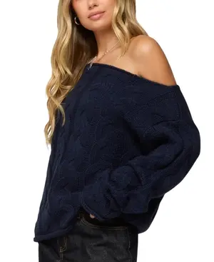 EDIKTED Nellie Off Shoulder Cable Knit Sweater - Navy