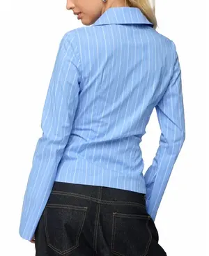 EDIKTED Pinstripe Tailored Button Up Shirt - Blue