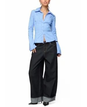 EDIKTED Pinstripe Tailored Button Up Shirt - Blue