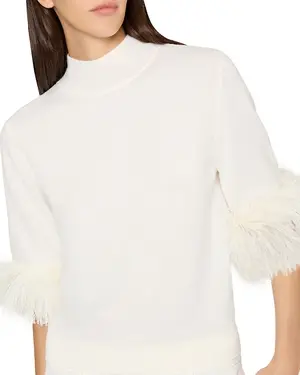 MILLY Short Sleeve Sweater With Feather Cuffs - Ecru