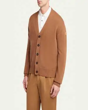 Moncler Leather Logo Wool Knit Cardigan