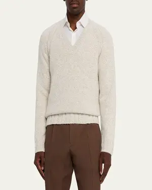Zegna Cashmere And Wool Chunky Knit V-neck Sweater - Lt Bge Sld