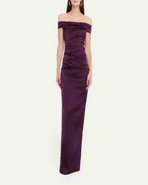 Rickie Freeman For Teri Jon Off-shoulder Satin Column Gown